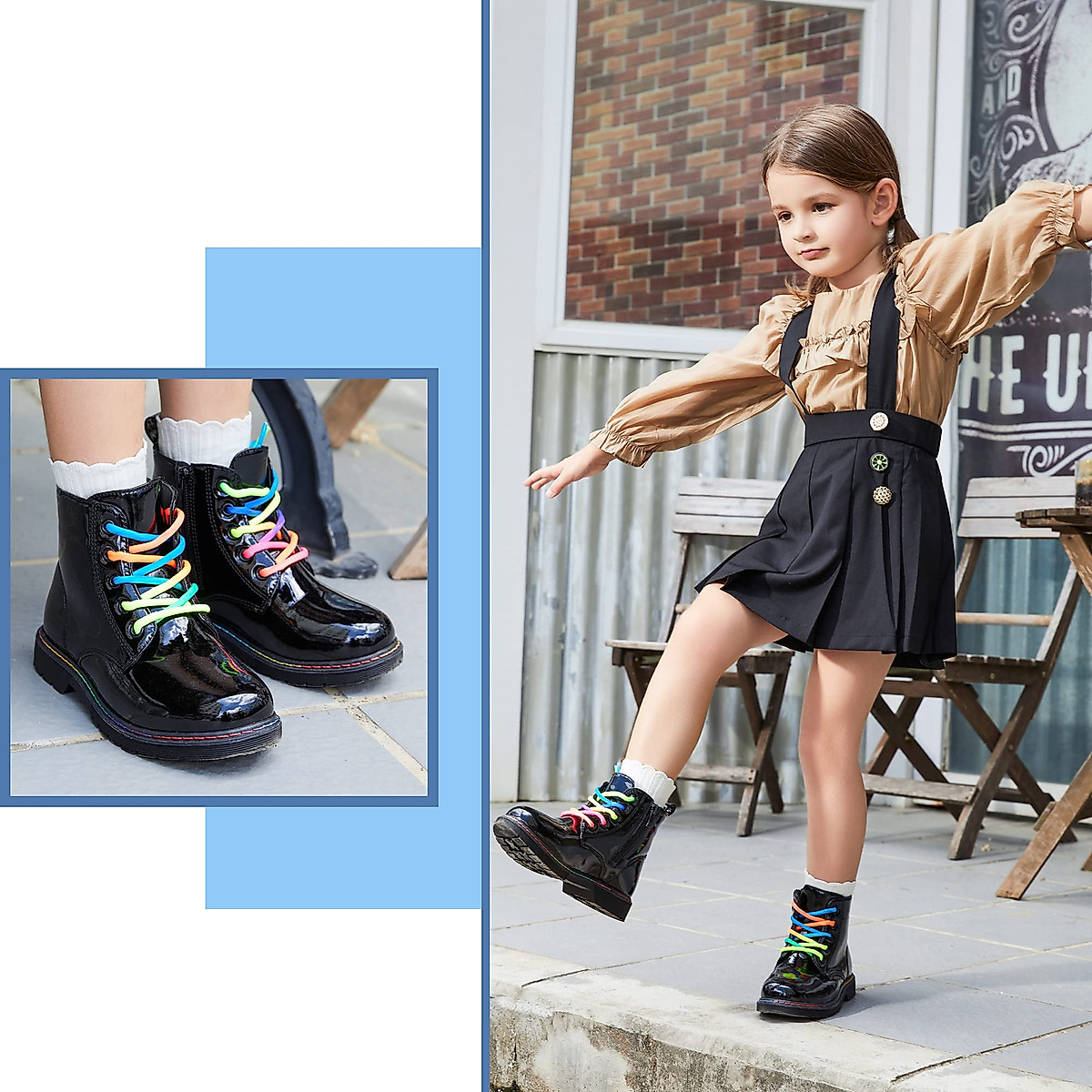 Hawkwell Girls Boys Combat Work Boots Side Zipper Ankle Boots with Rainbow Lace Up,Black Patent PU,13 M US Little Kid