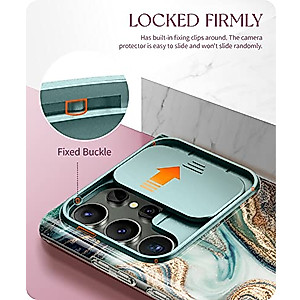 HORTUNE for Samsung Galaxy S23 Ultra Case with Slide Camera Cover, [Military Grade Drop Protection] Marble Phone Case Shockproof Stylish Slim Fit for S23 Ultra 6.8" 2023 (Starry/Green)