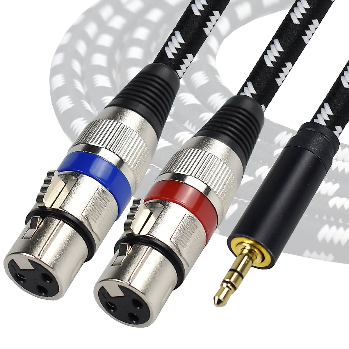 Mugteeve 3.5 mm to Dual XLR Female Y Splitter Cable, Stereo 1/8" Mini TRS to Dual Female XLR Breakout Mic Cord Adapater, Nylon Braided, OFC Shield, for Recording, Livestream, Broadcast - 10 Feet