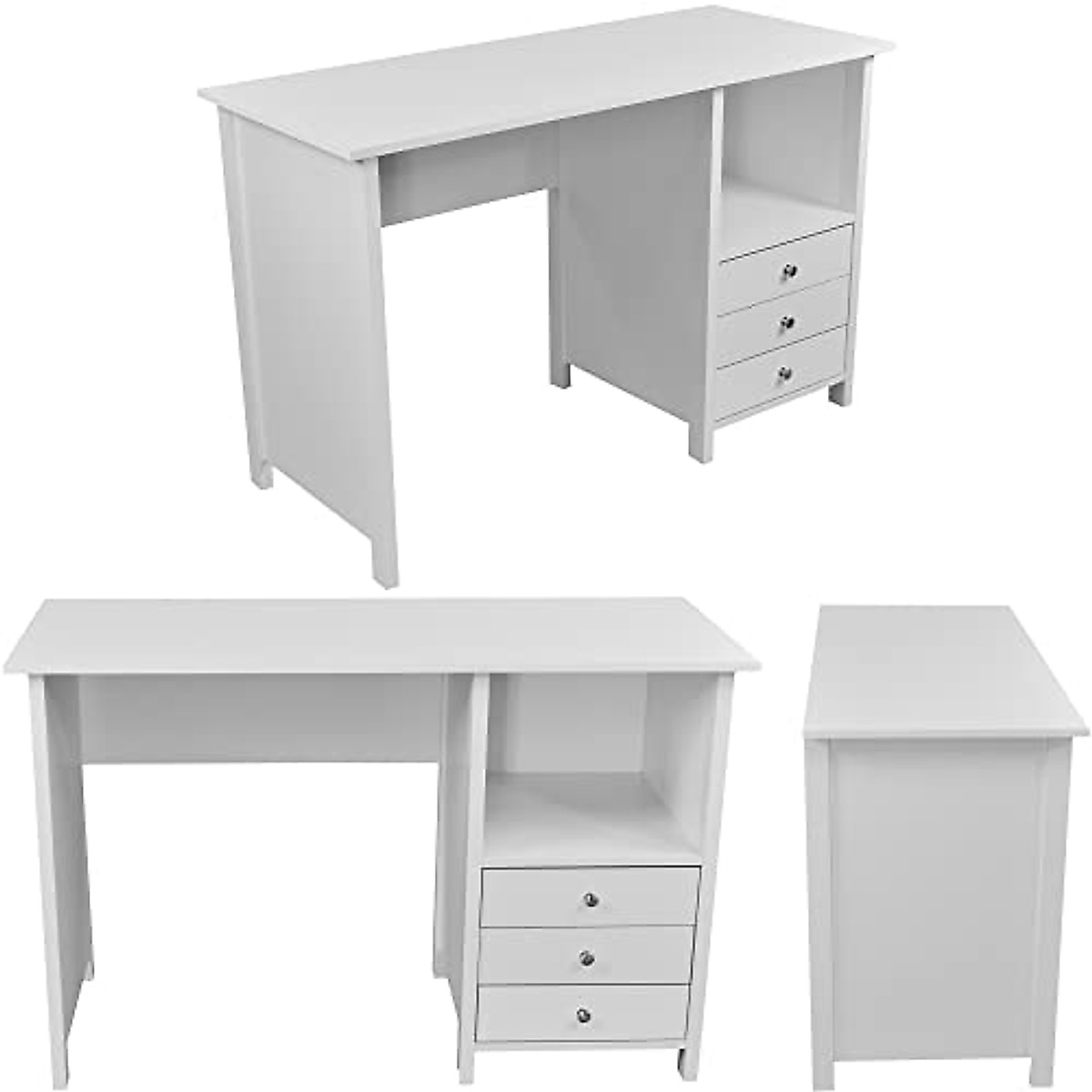 Techni Mobili White Desk with Drawers - Small Office Desk with 3 Cabinet Drawers, Open Shelf, & Laminated Wooden Panels Office & Study Table for Bedroom & Workstations
