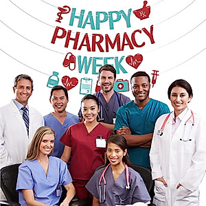 Happy Pharmacy Week Banner - Pharmacy Appreciation Week Decorations, Thank You Pharmacist Bunting Sign, Pharmacy Week Staff Party Decor Blue Red Glitter