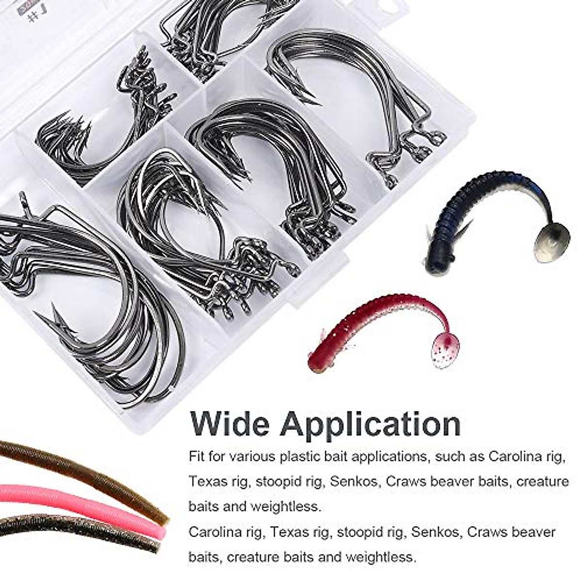 UCEC Fishing Hooks, 100pcs/box Offset Wide Gap 2X Strong Worm Hooks Senko Bait Jig Fish Hooks for Bass Trout Saltwater Freshwater Size:#1 1/0 2/0 3/0 4/0 5/0