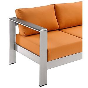 Modway Shore Aluminum Metal Outdoor Patio Sofa With Silver Orange All-Weather Cushions