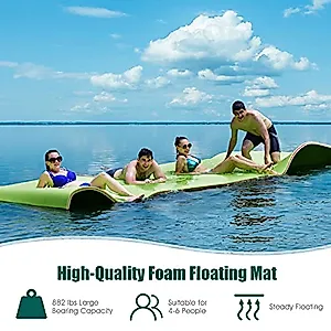 GYMAX Floating Water Mat, 12' x 6' Foam Water Floating Pad with Safe Bungee Tether and Storage Straps, 3-Layer XPE Foam Floating Island for Pool Lake River Outdoor Water Activities (Green)