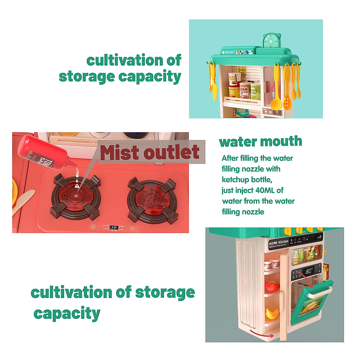 Kids Kitchen Play Set，Interactive Kids Kitchen Play Set with 50Pcs of Pretend Kitchen Toys，Realistic Sound Effects，and Simulated Functionality - Suitable for Toddlers Aged 2-12 Years (green)