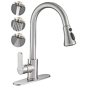 BURUWO Brass Kitchen Faucet with 3 Modes Sprayer, Single Handle 1 or 3 Hole Modern Kitchen Faucet Brushed Nickel, Pull Down Kitchen Sink Faucet for Farmhouse rv Bar Laundry