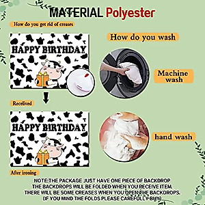 Cartoon Cow Happy Birthday Photography Backdrops Black and White Cow Figure Photo Background for Kid's Birthday Party Decor Newborn Baby Shower Banner Props Supplies 5×3FT