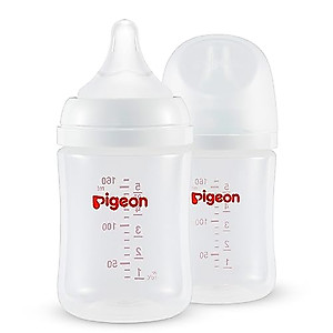 Pigeon PP Nursing Bottle Wide Neck, Streamlined Body, Natural Feel, Easy to Clean, 5.4 Oz(Pack of 2), Includes 2pcs SS Nipples (0m+)