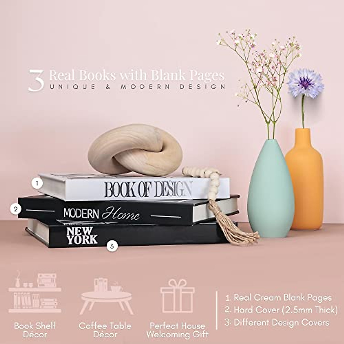 Set of 3 Decorative Books for Home Decor - XL Coffee Table Decoration Books - Best Display Books - Book Decorations - Modern Hardcover Book Stack - Fashion Designer Book Set - New York/Black/White