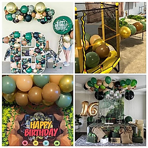 Green and Brown Balloons, 60 PCS Sage Green Gold Brown Latex Balloons Woodland Camo Army Olive Green Dark Brown Coffee Nude Gold Party Balloon for Jungle Safari Woodland Hunting Birthday Decorations