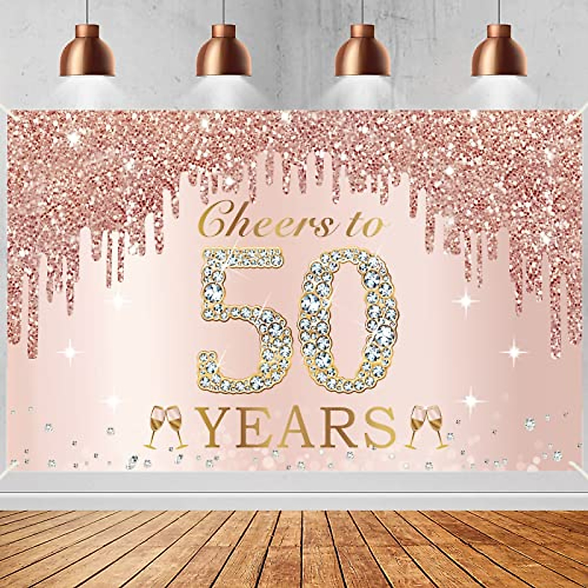 Large Cheers to 50 Years Birthday Decorations for Women, Pink Rose Gold Happy 50th Birthday Banner Backdrop Party Supplies, Fifty Birthday Poster Background Sign Decor