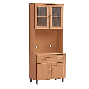 HODEDAH IMPORT Tall Standing Kitchen Cabinet with Top and Bottom Enclosed Cabinet Space, 1-Drawer, Large Open Space for Microwave in Beech