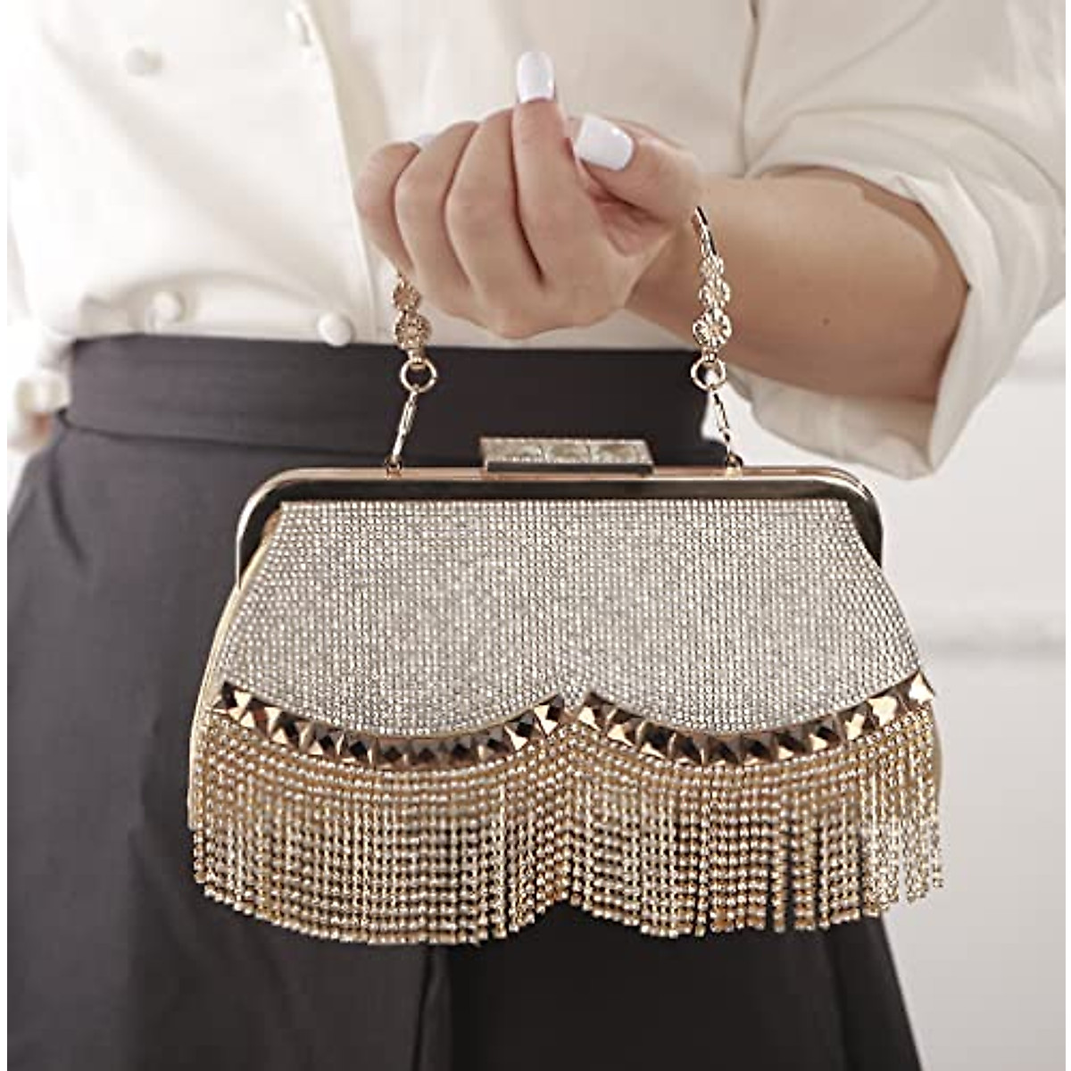 Sither Rhinestone Handbag Purses for Women Evening Handbag Purses Crystal Tassel Clutch Purses Medium Sparkly Clutches Shoulder Chain Bags for Party Prom Christmas Gift (gold)