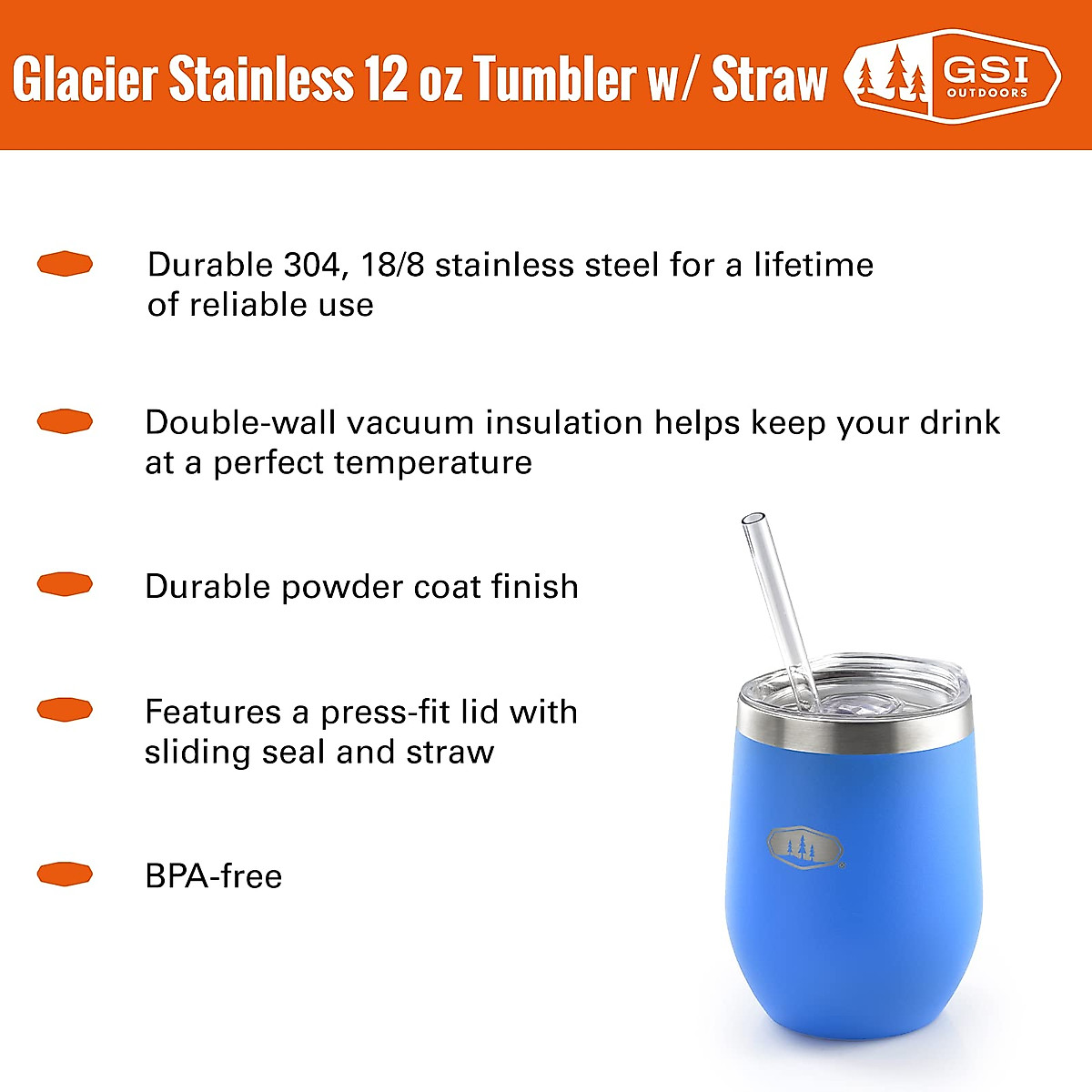 GSI Outdoors Glacier Stainless Tumbler | Lightweight Double-Wall Vacuum Insulated Tumbler with Straw for Camping, BBQ, Cocktails