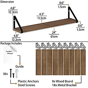 Wallniture Ponza Floating Shelves, Bookshelf for Living Room Decor, Kitchen Organization, Wall Shelves, Dining Room & Office Wall Decor, Walnut 24"x4.5" Set of 9