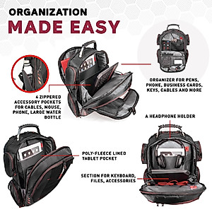 Mobile Edge Core Gaming Laptop Backpack, Molded Front Panel, 17 - 18 Inch, External USB 3.0 Quick-Charge Port and Built-in Charging Cable ScanFast TSA Checkpoint Friendly Black w/Red Trim MECGBP1