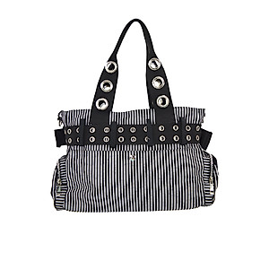 Lost Queen Striped Punk Rock Steampunk Purse with Handcuff Skull Charm (White), Medium