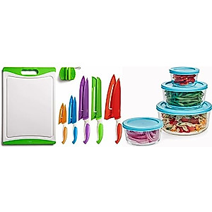 EatNeat 12 Pc Colorful Kitchen Knife Set 4 pc Round Glass Food Storage Containers With Lids