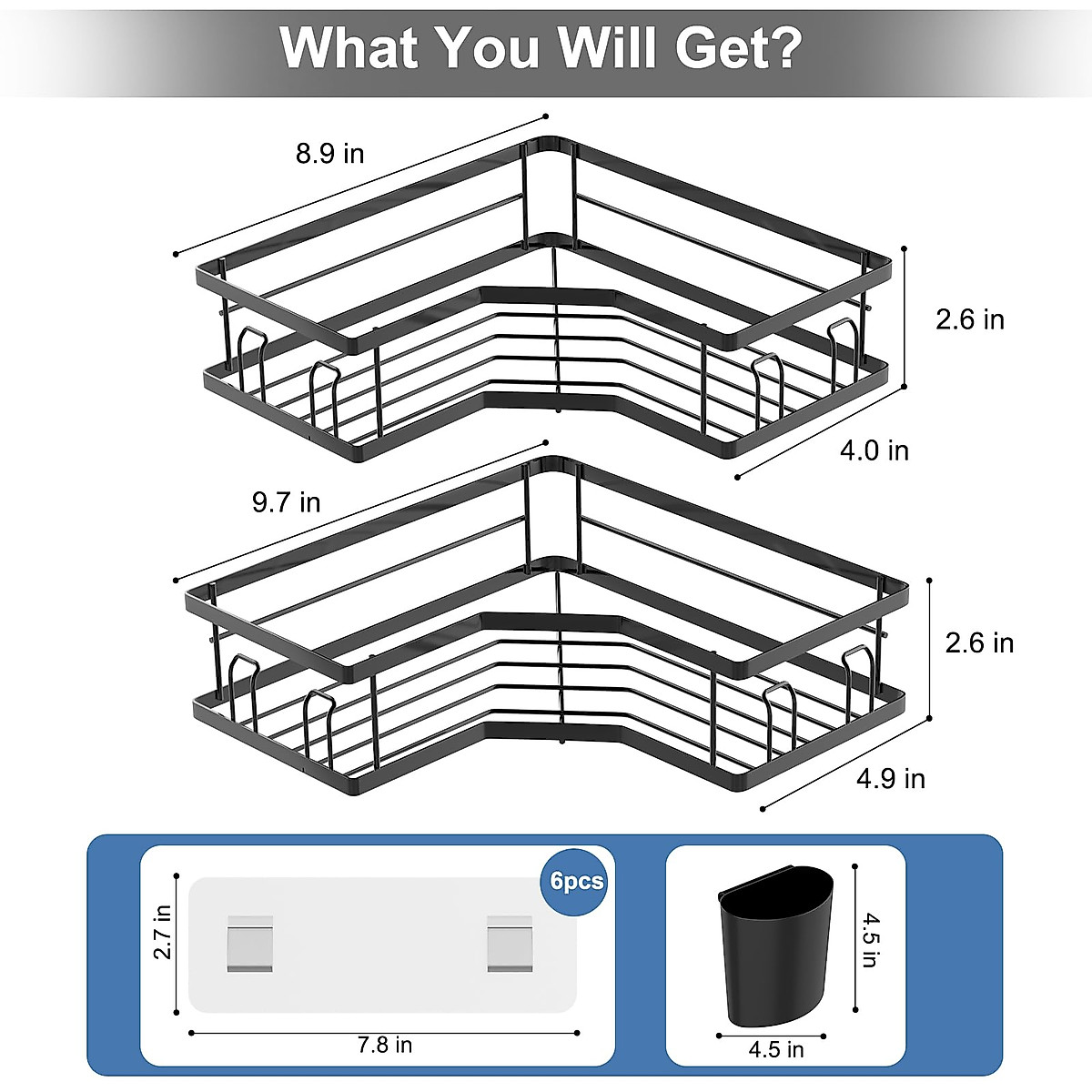 Pioleackflew Corner Shower Caddy - No Drill Bathroom Shower Organizer Rustproof Shower Shelves Shower Caddy Adhesive with Toothbrush cups Shower Shelf for Inside Showerower Black (2 Pack)