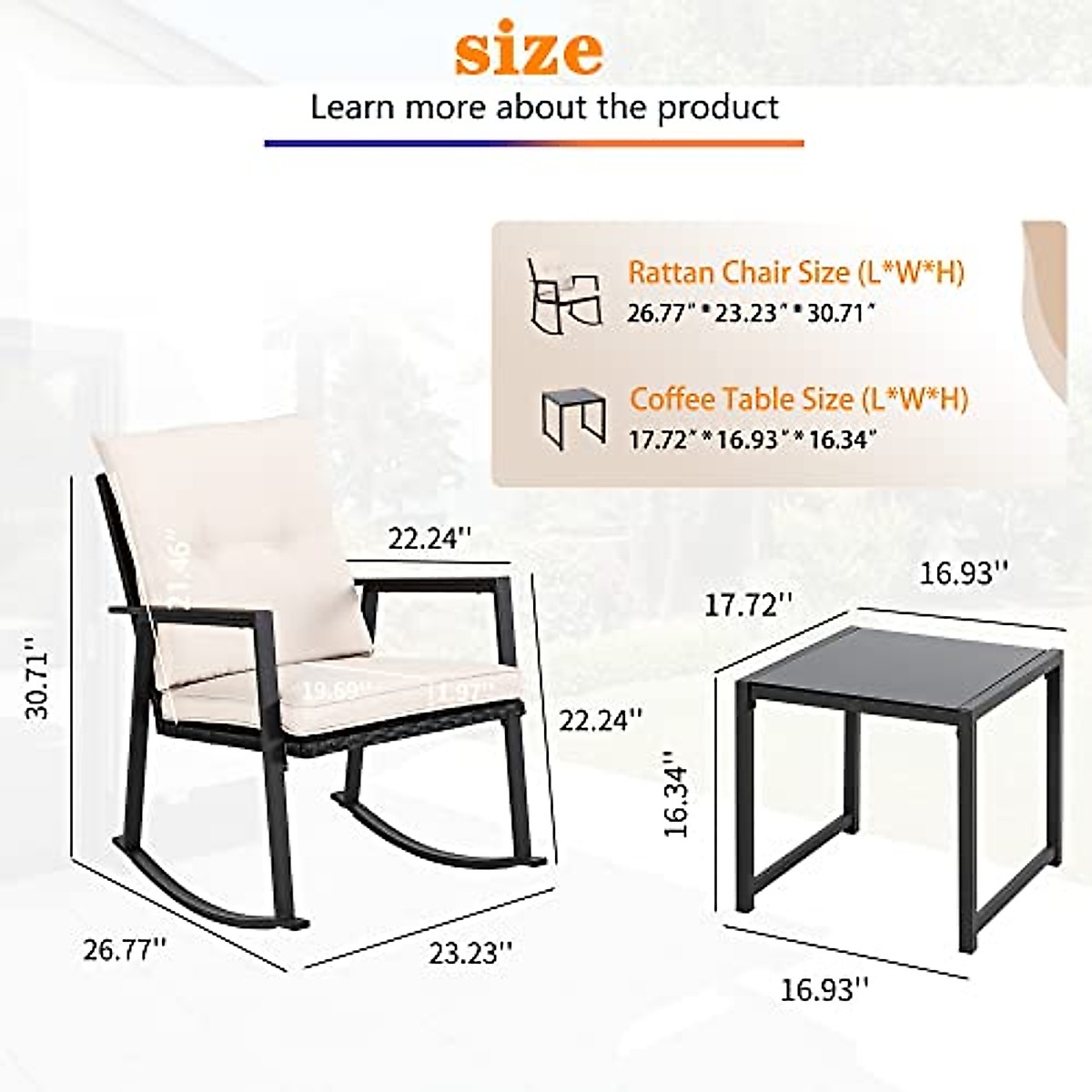 JAMFLY 3-Piece Patio Rocking Bistro Set, Outdoor Wicker Furniture Balcony Porch Chairs Conversation Sets with Glass Coffee Table (Beige)