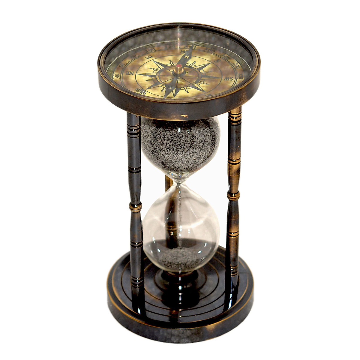 Hassanhandicrafts Antique Brass & Glass Black Sand Timer Hourglass Nautical Maritime SandTimer Compass on Both Side CompassCollectible, Shelf Desk Decor