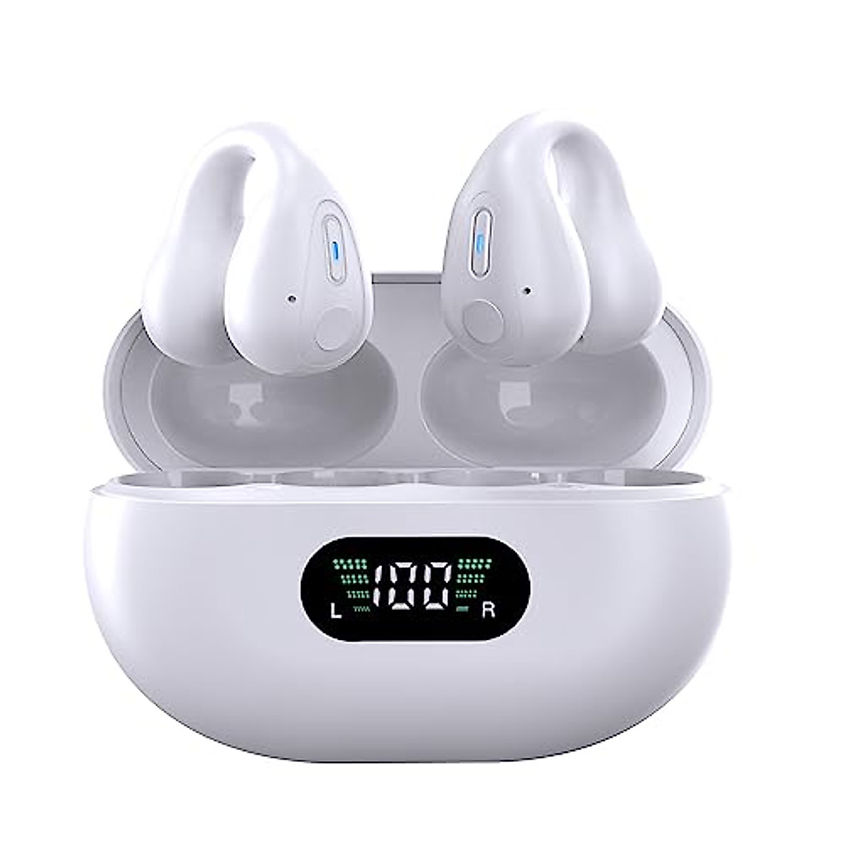 QLXAQLX Clip Bone Conduction Headphones Clip-on Wireless Earbuds Built-in Mic Sweat Resistant Noise Cancelling Earphones Open Ear Design Earphones Headset for Cycling Driving led Display (White)