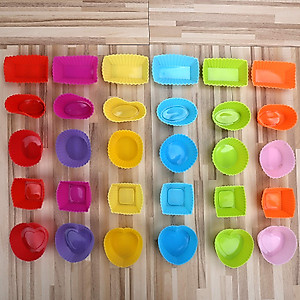 Silicone Cupcake Liners 30 Pack, Reusable Bento Box Inserts Small muffin cups, 5 Shapes 6 Color Baking Cups for Cakes, Jelly,Chocolate Shell-lined Dessert and Lunch-boxes Snacks Separator