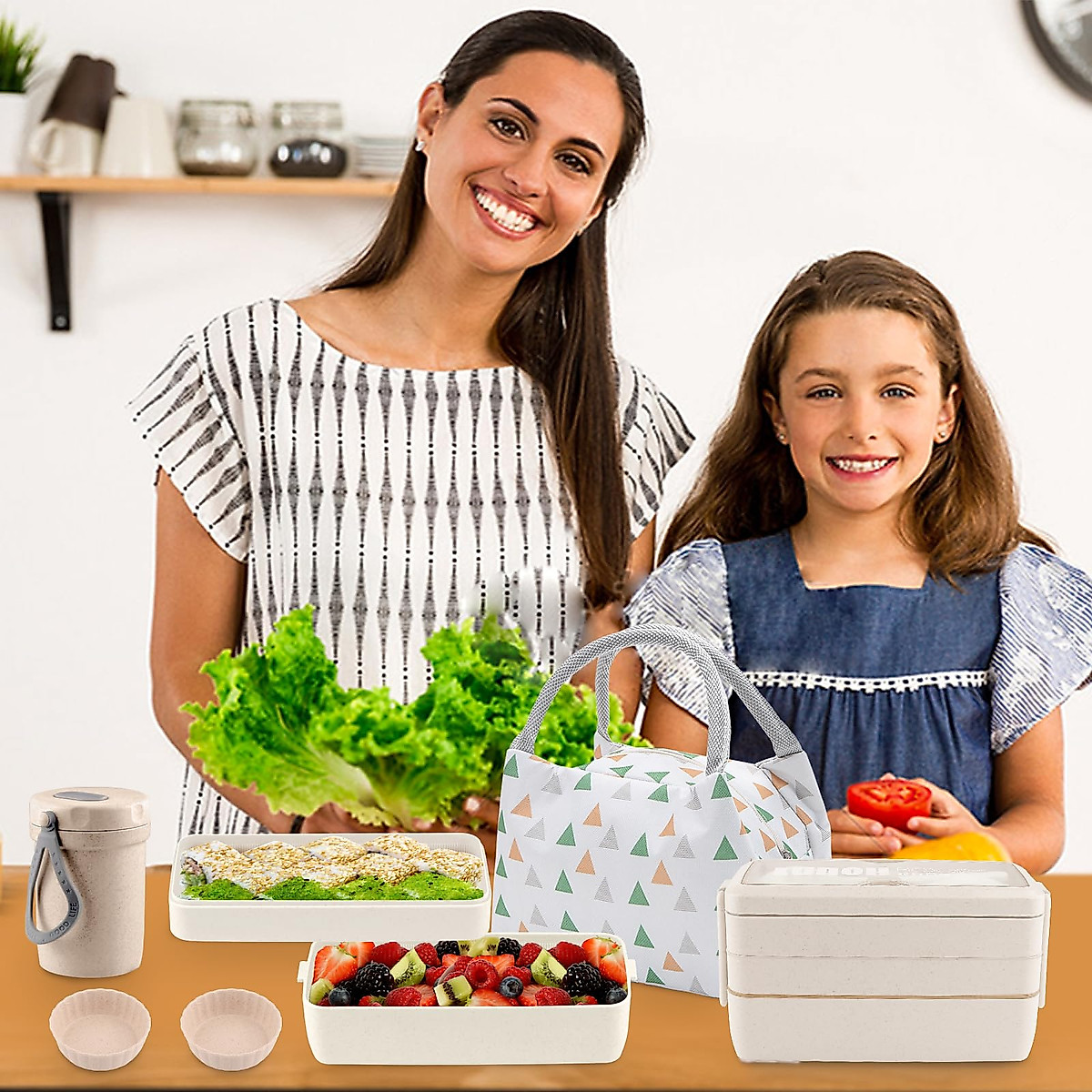 Stackable Bento Box with Lunch Bag, 3 Compartment Japanese Lunch Containers, Wheat Straw, All-in-1 Bento Lunch Box Kit for Adult Meal Prep Lunch Snack by Iteryn