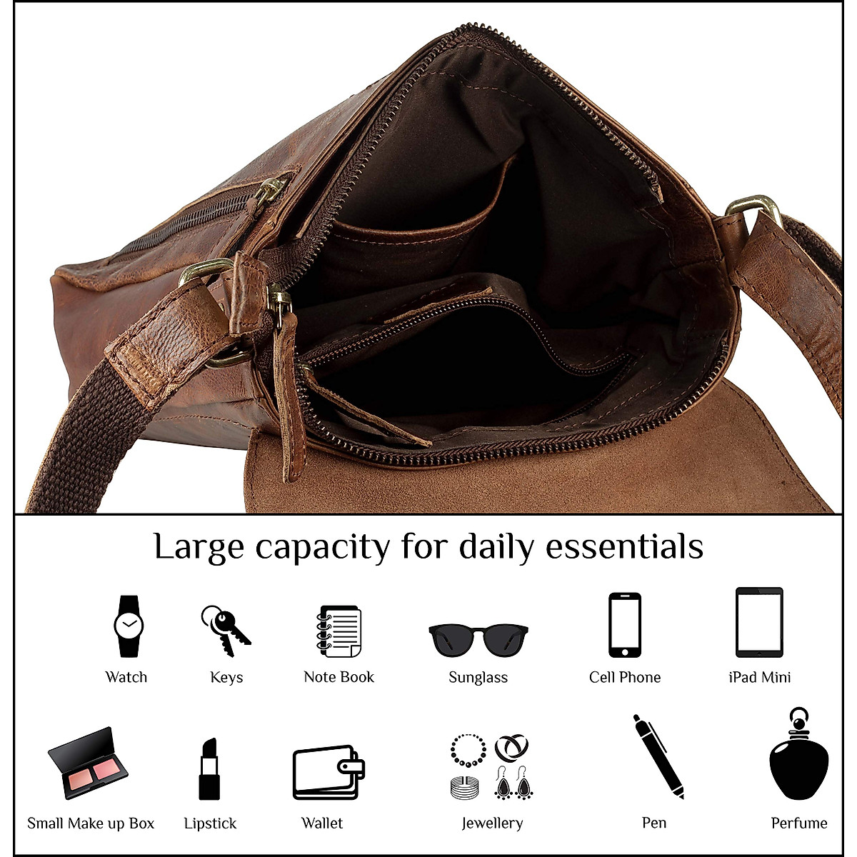 Mou Meraki Genuine Leather Brown Crossbody Purse and Handbags - Crossover Bag Over the Shoulder