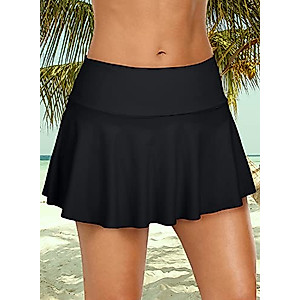 REKITA Womens Solid Ruched Swim Skirt Build-in Brief Swimsuits Tummy Control Skort Bikini Bottom