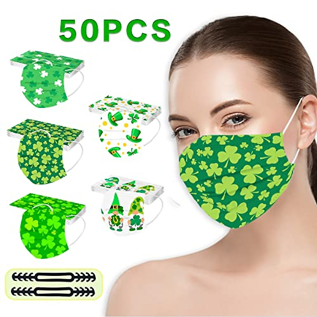 20-50PCS Holiday Disposable Face Mask for Adult, Easter St Patrick's Day Masks Protection with Silicone Mask Ear Strap (St Patrick's Day Shamrock, 50PCS)