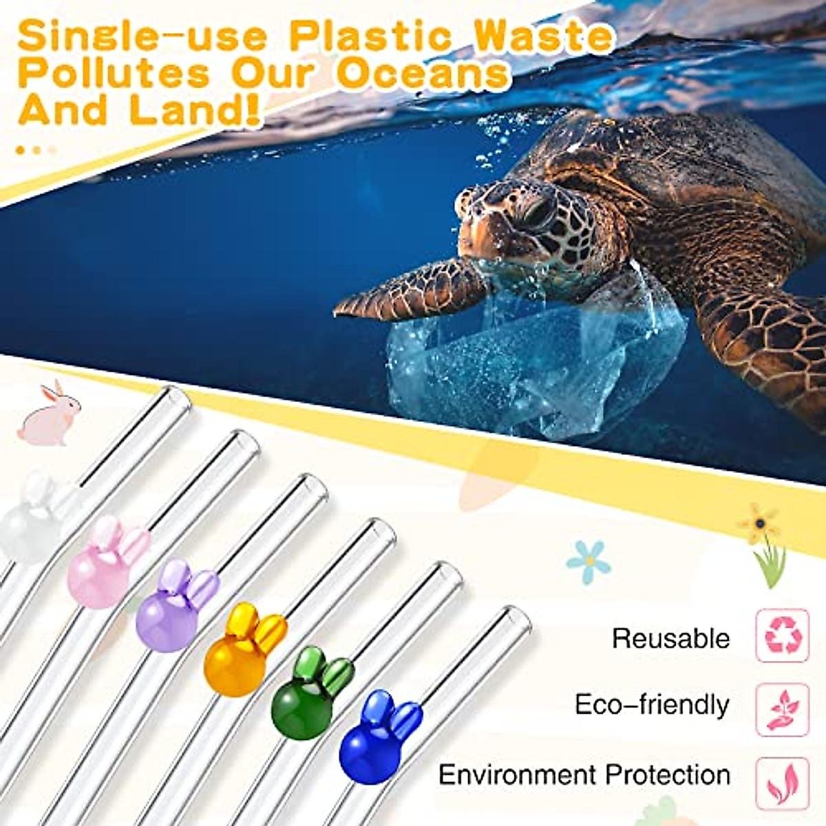 6 Pcs Reusable Glass Straws, Cute Bunny on Clear Straws with Design 7.9 in x 8 mm Colorful Shatter Resistant Bent Drinking Straws with 2 Cleaning Brushes for Beverages, Shakes, Juices, Cocktails
