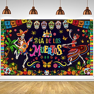 HOWAF Dia De Los Muertos Backdrop Banner, Day of the Dead Party Decoration Background Banner, Sugar Skull Marigold Flower Banner for Halloween Mexican Fiesta Dia De Los Muertos Party Supplies