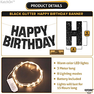 KatchOn, Glitter Black Happy Birthday Banner Light Up - Prestrung, 10 Feet | Black Happy Birthday Led Sign, Happy Birthday Banner for Men | Light Up Happy Birthday Sign for Happy Birthday Decorations