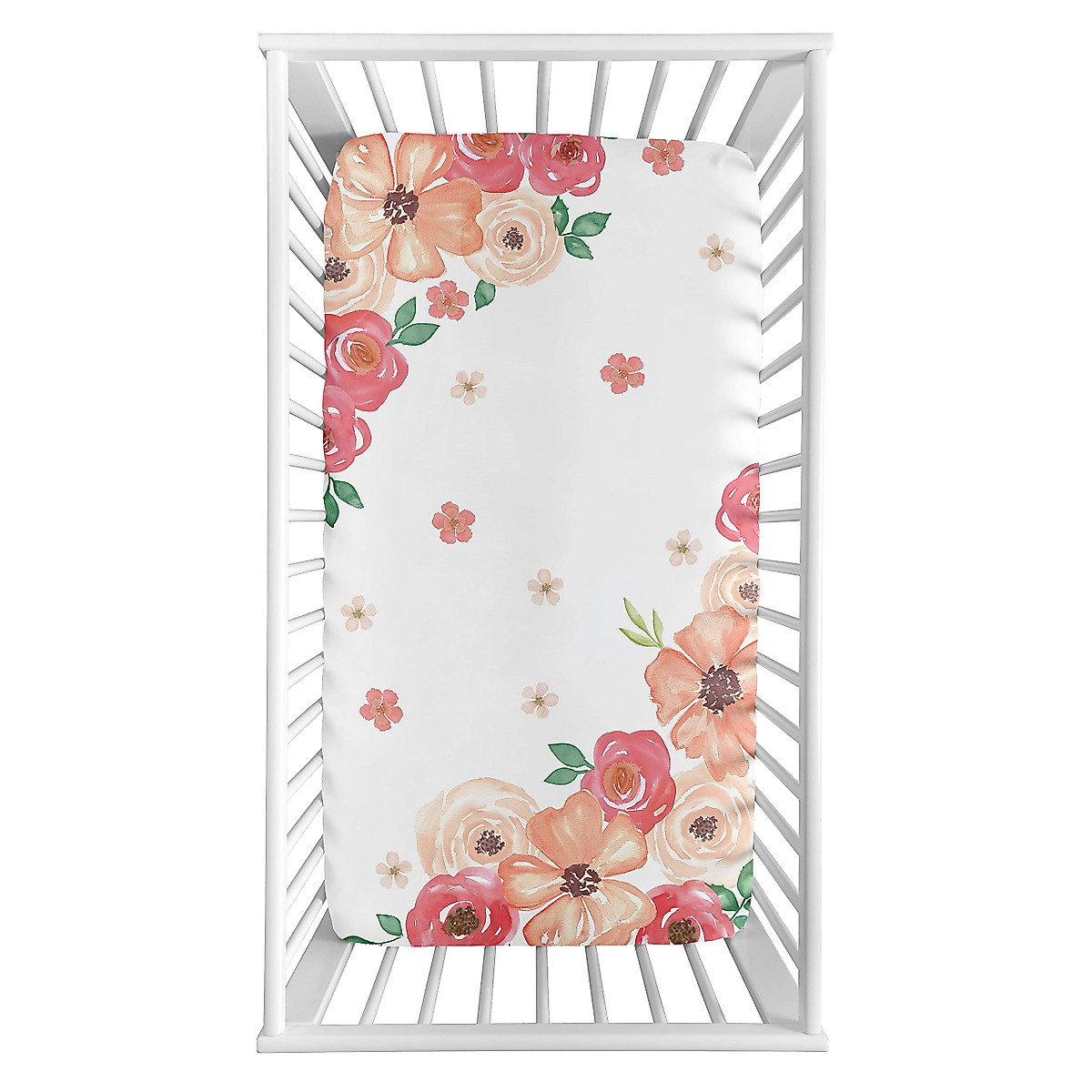 Sweet Jojo Designs Shabby Chic Floral Girl Fitted Crib Sheet Baby or Toddler Bed Nursery Photo Op - Peach, Pink and Green Watercolor Rose Flower
