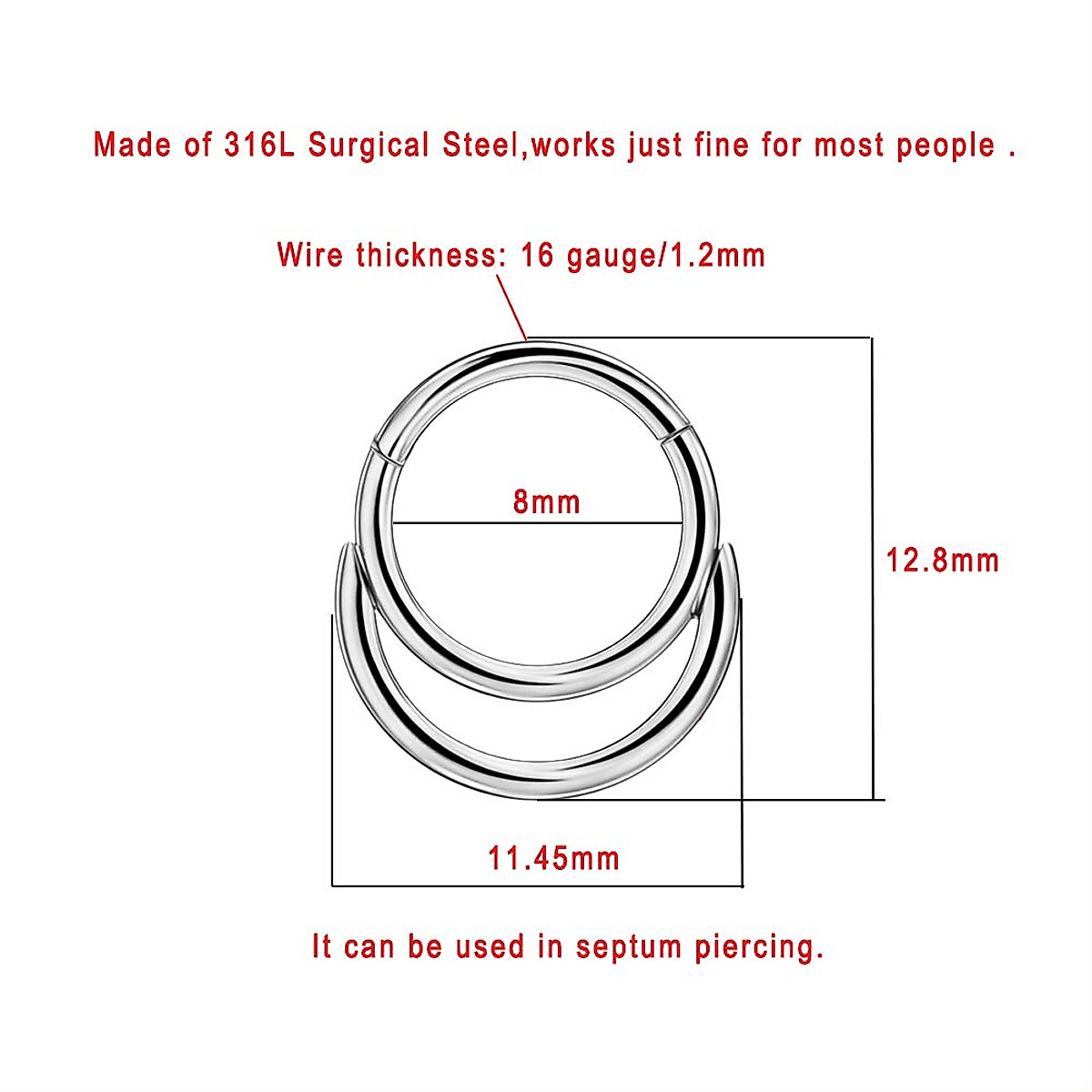 FANSING Surgical Steel Double Crescent Moon Septum Hoop 16g Septum Jewelry 16 Gauge 8mm Septum Rings Clicker Silver Septum Piercing Rings
