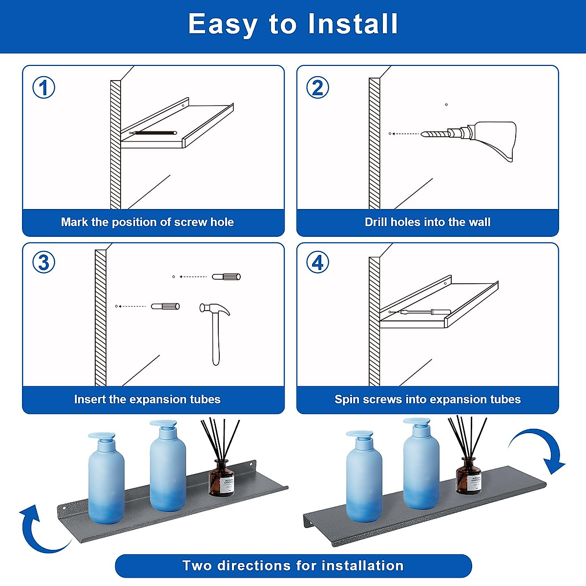 Uten Floating Shelves, Wall Mounted Iron Shelves Set of 3, Bathroom Storage Iron Shelves, Wall Hanging Organizer Decor Shelf for Bathroom, Kitchen, Bedroom, Living Room, Grey Textured