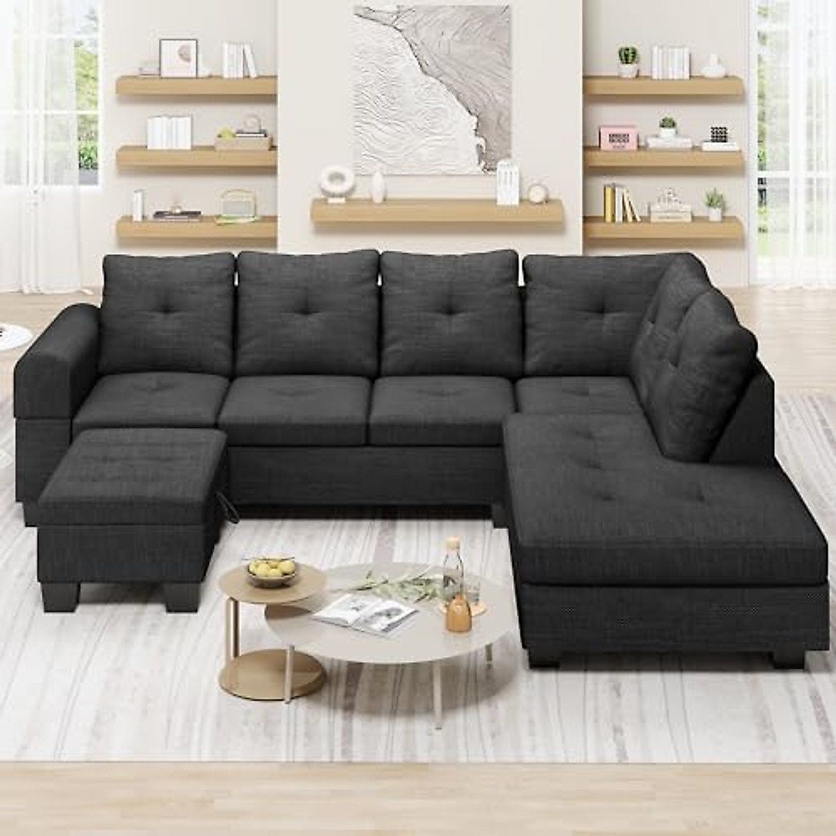 AWQM Modular Sectional Sofa with Ottoman, Fabric L-Shaped Couch with Chaise & Cup Holders, Living Room Furniture Sets Sectional Sofa Set, 6 Seat Corner Couch Sofa for Living Room, Apartment