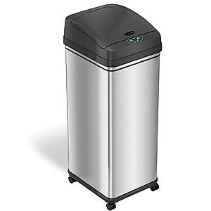 iTouchless 13 Gallon Glide Sensor Trash Can with Wheels and 10 Premium Trash Bags, Odor Control System, Automatic Kitchen and Office Garbage Bin, Stainless Steel
