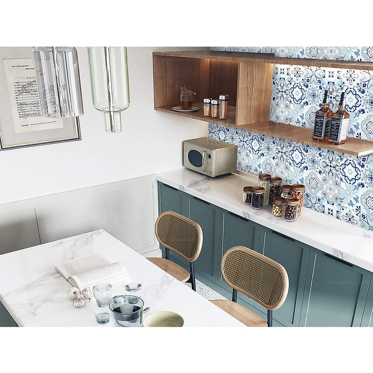 Dimoon Wallpaper 17.7’’x78.7’’ Contact Paper Thicken Blue White Floral Flower Tile Peel and Stick Removable Wall Waterproof Embossed Self Adhesive Vinyl