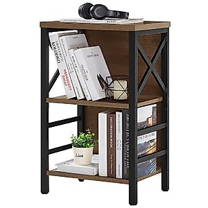 MNEETRUNG Small Bookcase,3 Tier Industrial Short Bookshelf with Metal Frame and Backboard,Rustic Brown Low Bookshelf, Small Office Book Shelf for Small Spaces, Living Room, Bedroom and Home Office