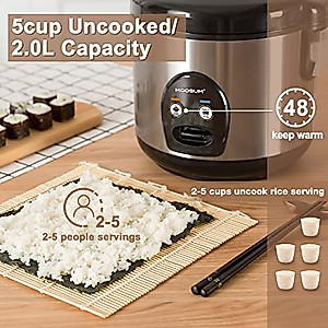 MOOSUM Electric Rice Cooker with One Touch for Asian Japanese Sushi Rice, 5-cup Uncooked/10-cup Cooked, Fast&Convenient Cooker with Steamer, Stainless Steel Housing and Auto Warmer