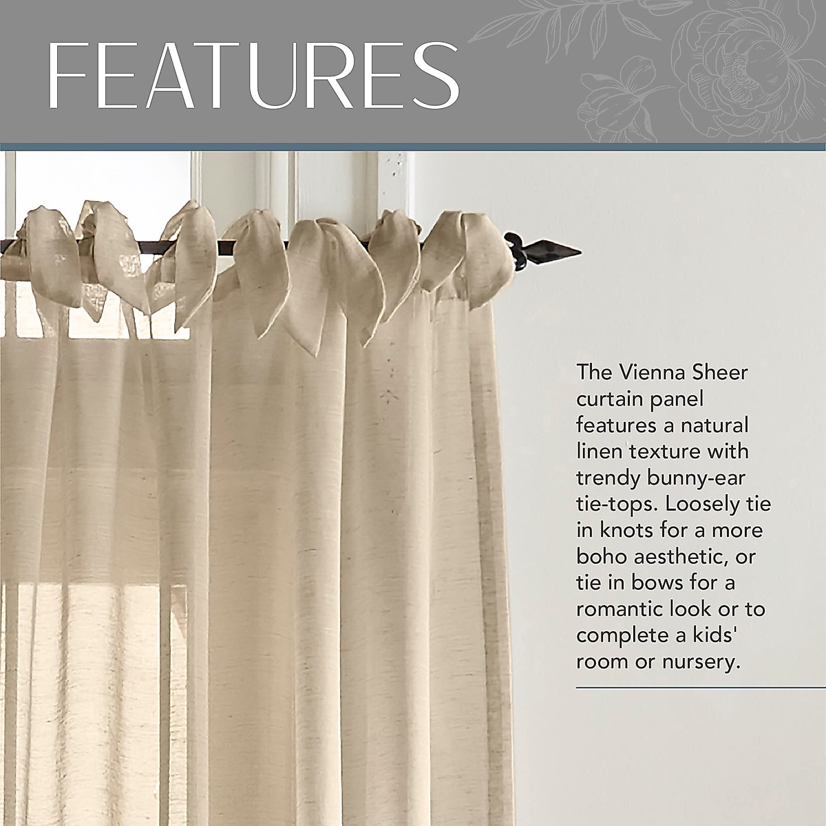 Elrene Home Fashions Vienna Sheer Tie-Top Window-Curtain Panel, 52 in x 84 in (1 Panel), Flax