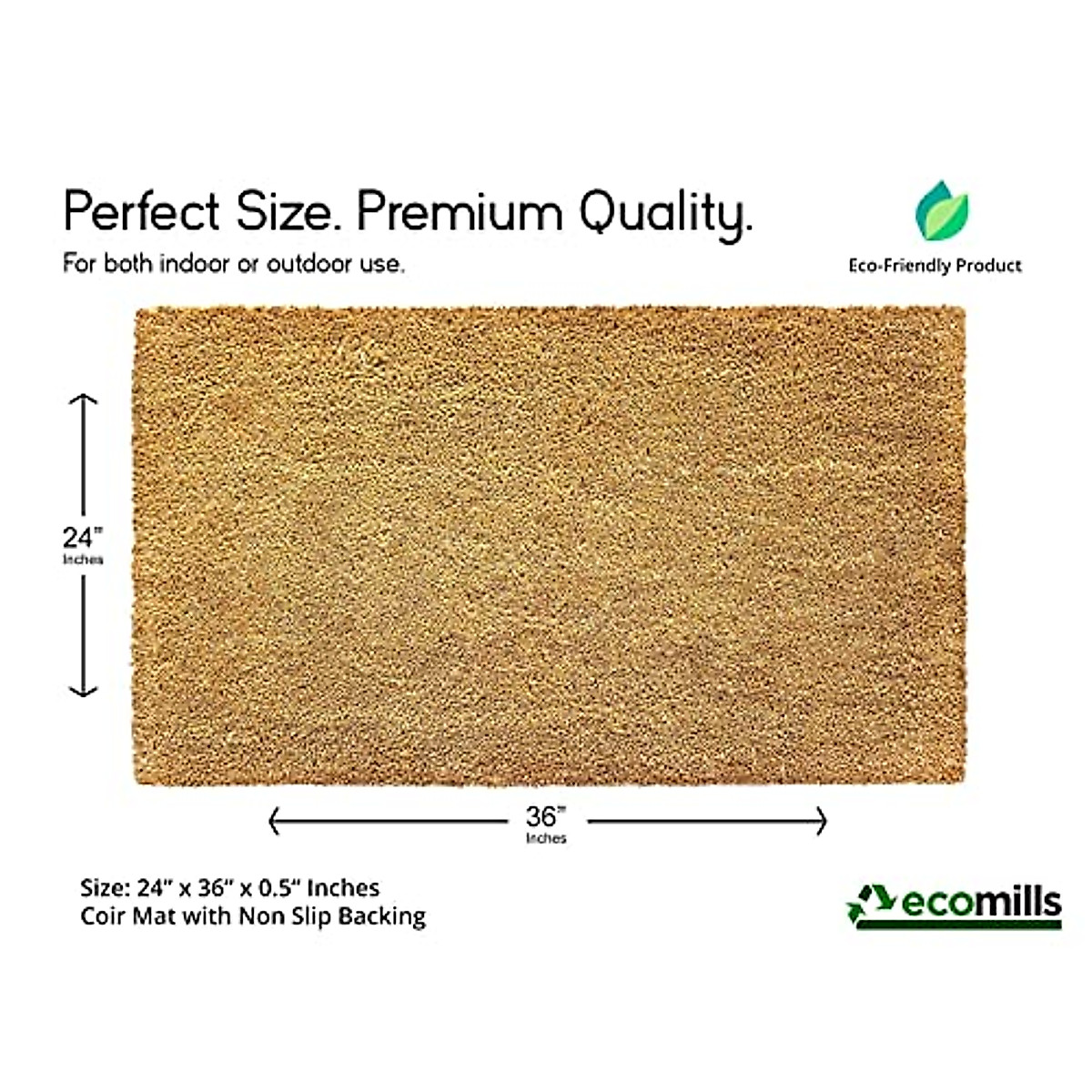 Ecomills Coco Coir Door Mat, 24" x 36" x 0.5", Heavy Duty, Indoor Outdoor, Large Size, Non-Slip Backing, Mats for Entry Ways, Garage, Floors, Patio, Entrance Areas