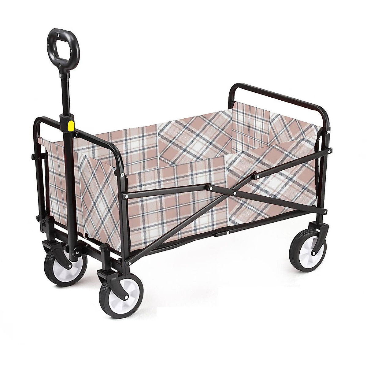 Collapsible Wagon Cart Plaid in Grey Pink White for Spring Autumn Winter Seamless Herringbone Foldable Utility Wagon Large Capacity Garden Cart with Push Bar for Beach Camp Outdoor Shopping