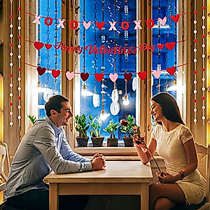 Valentines Day Home Decor, 4 Kind Valentines Day Banner, Happy Valentine's Day XOXO Red Heart Pom Banner, Felt Garland Banner for Home Wall Fireplace, Valentines Romantic Decor Special Night