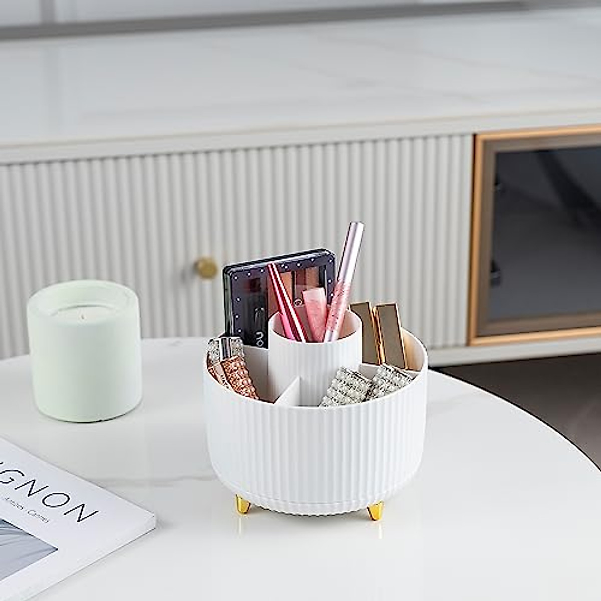 Desk Pencil Pen Holder, 5 Slots 360°Degree Rotating Pencil Pen Organizers for Desk, Desktop Storage Stationery Supplies Organizer, Cute Pencil Cup Pot for Office, School, Home, Art Supply (White)