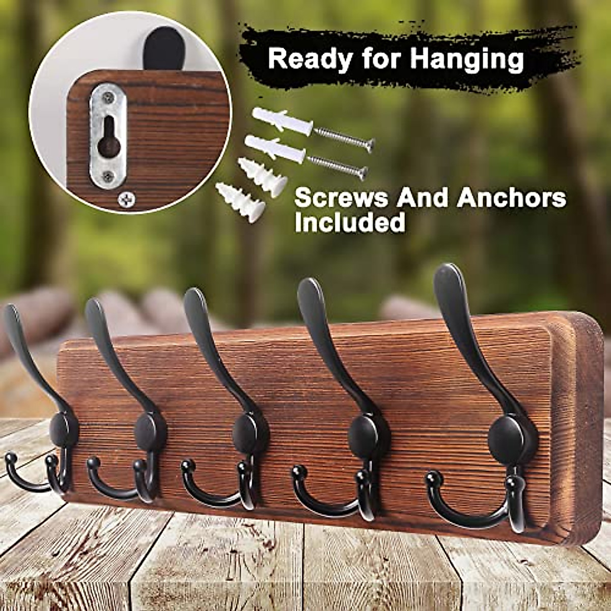 Dseap Coat Rack Wall Mounted - 5 Tri Hooks, Heavy Duty, Wooden Wall Coat Hanger Coat Hook for Clothes Hat Jacket Clothing, Natural & Black