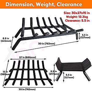 INNFINEST Fireplace Log Grate 30 inch 7 Bar Fire Grates Heavy Duty 3/4” Wide Solid Steel Indoor Chimney Hearth Outdoor Fire Place Kindling Tool Pit Wrought Iron Wood Stove Firewood Burning Rack Holder