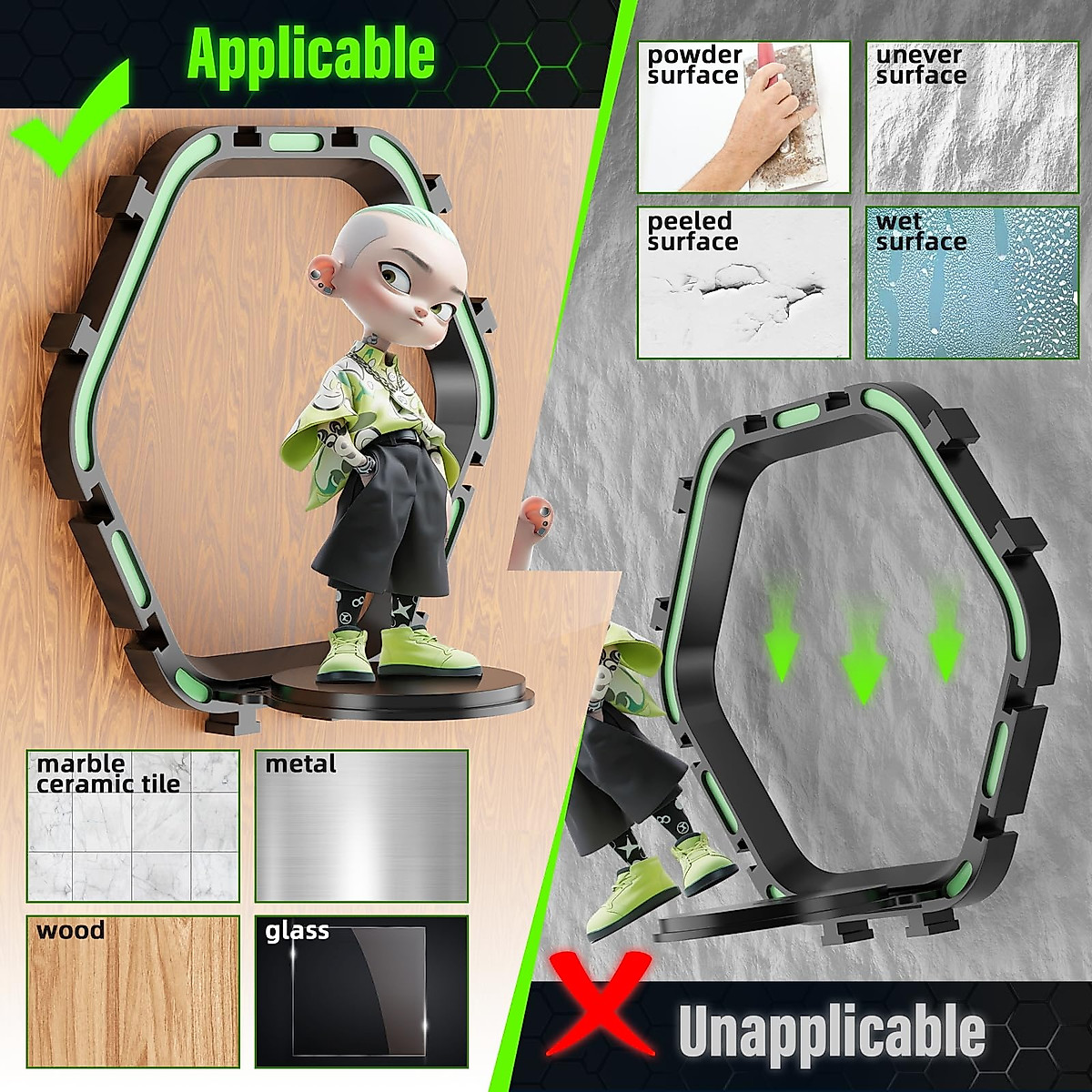 Ninoge 8PCS Riser Display Shelves for Figures, Glow in the Dark shelf for Funko POP Figures, Collectible Figure Display Stands, DIY shape configurations, Black